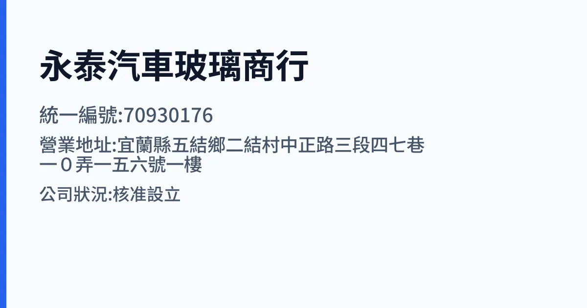 永泰汽車玻璃商行 - 統編 70930176(宜蘭縣) 公司登記資料與營業項目詳細圖表