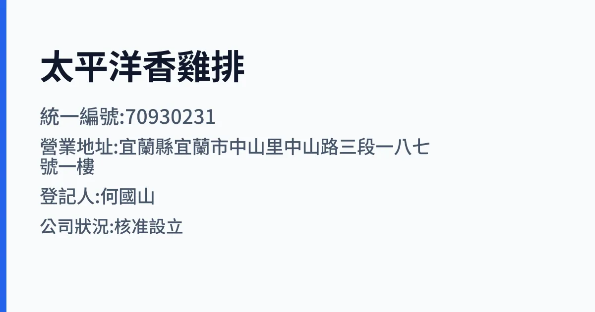 太平洋香雞排 - 統編 70930231(宜蘭縣) 公司登記資料與營業項目詳細圖表