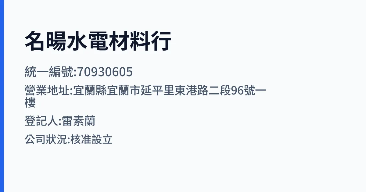 名暘水電材料行 - 統編 70930605(宜蘭縣) 公司登記資料與營業項目詳細圖表
