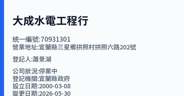 大成水電工程行的照片-統編 70931301(宜蘭縣) 公司登記資料與營業項目詳細圖表