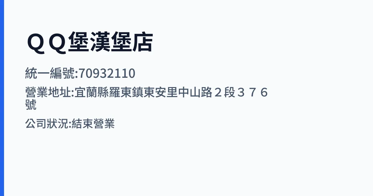 ＱＱ堡漢堡店 - 統編 70932110(宜蘭縣) 公司登記資料與營業項目詳細圖表