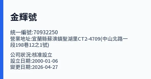 金輝號的照片-統編 70932250(宜蘭縣) 公司登記資料與營業項目詳細圖表