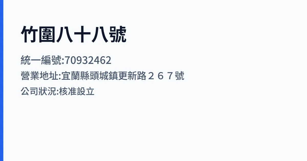 竹圍八十八號 - 統編 70932462(宜蘭縣) 公司登記資料與營業項目詳細圖表