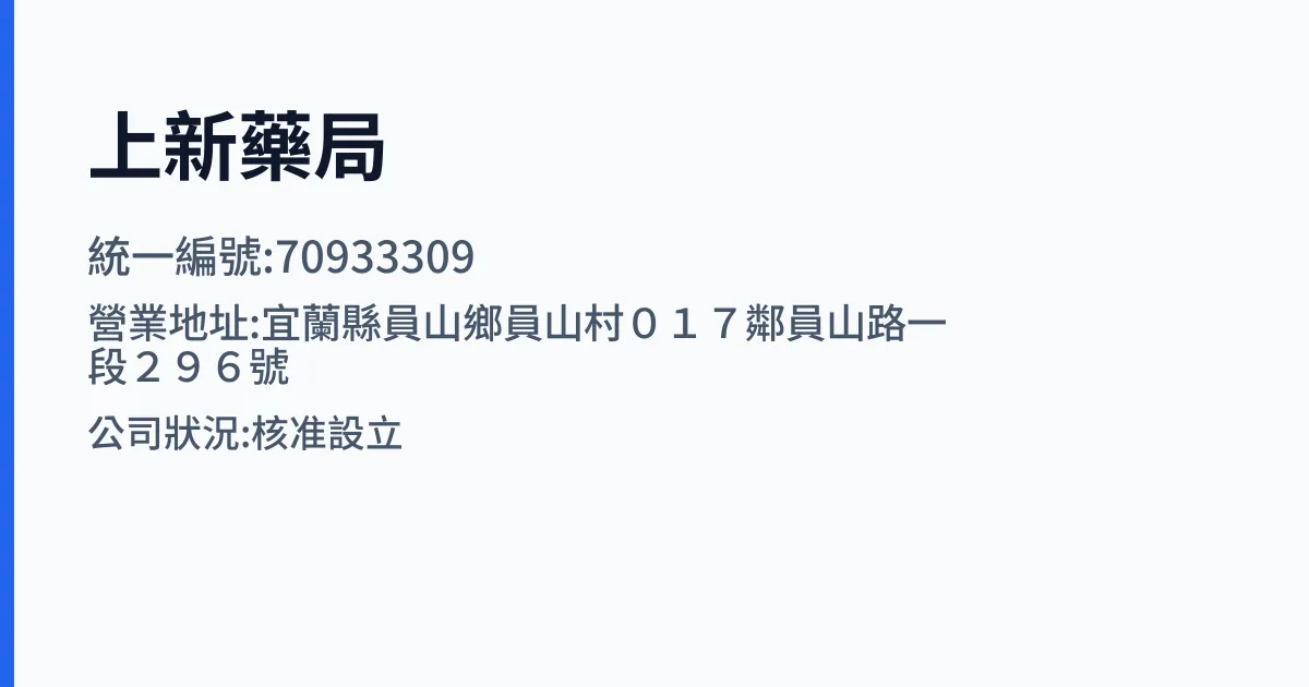 上新藥局 - 統編 70933309(宜蘭縣) 公司登記資料與營業項目詳細圖表