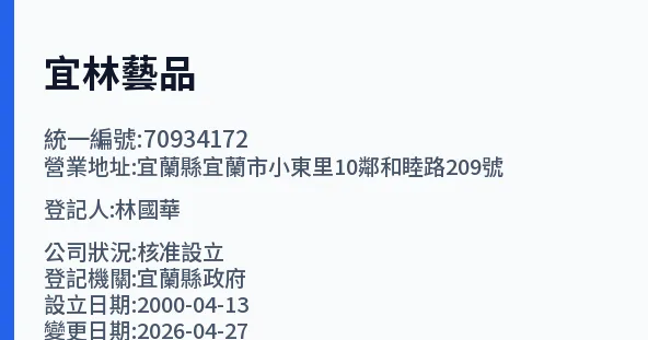 宜林藝品的照片-統編 70934172(宜蘭縣) 公司登記資料與營業項目詳細圖表