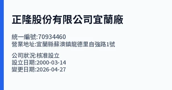 正隆股份有限公司宜蘭廠的照片-統編 70934460(宜蘭縣) 公司登記資料與營業項目詳細圖表