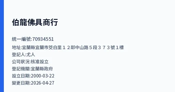 伯龍佛具商行的照片-統編 70934551(宜蘭縣) 公司登記資料與營業項目詳細圖表
