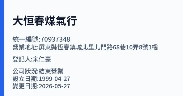 大恒春煤氣行的照片-統編 70937348(屏東縣) 公司登記資料與營業項目詳細圖表
