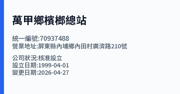 萬甲鄉檳榔總站的照片-統編 70937488(屏東縣) 公司登記資料與營業項目詳細圖表