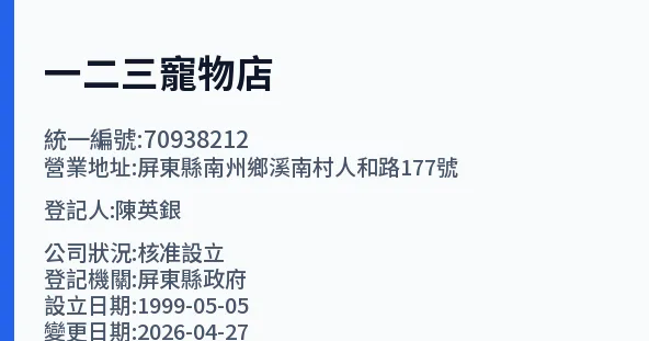 一二三寵物店的照片-統編 70938212(屏東縣) 公司登記資料與營業項目詳細圖表
