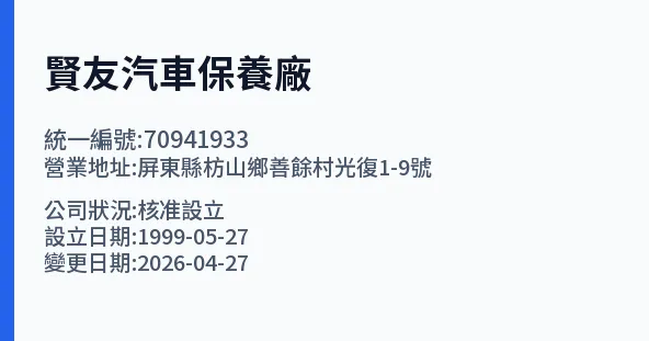 賢友汽車保養廠的照片-統編 70941933(屏東縣) 公司登記資料與營業項目詳細圖表