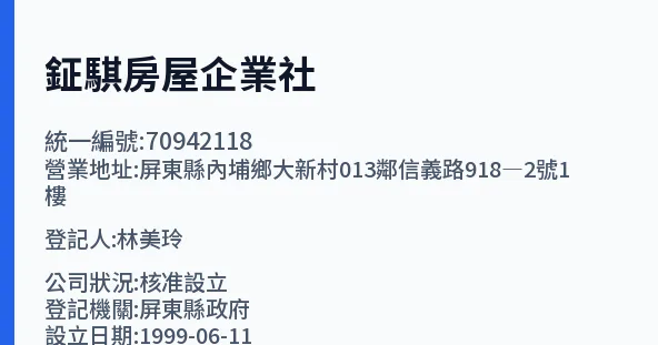鉦騏房屋企業社的照片-統編 70942118(屏東縣) 公司登記資料與營業項目詳細圖表