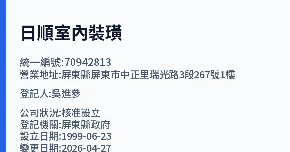 日順室內裝璜的照片-統編 70942813(屏東縣) 公司登記資料與營業項目詳細圖表