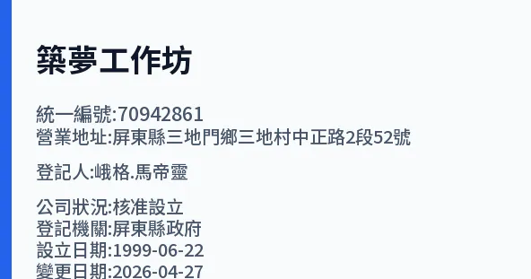 築夢工作坊的照片-統編 70942861(屏東縣) 公司登記資料與營業項目詳細圖表