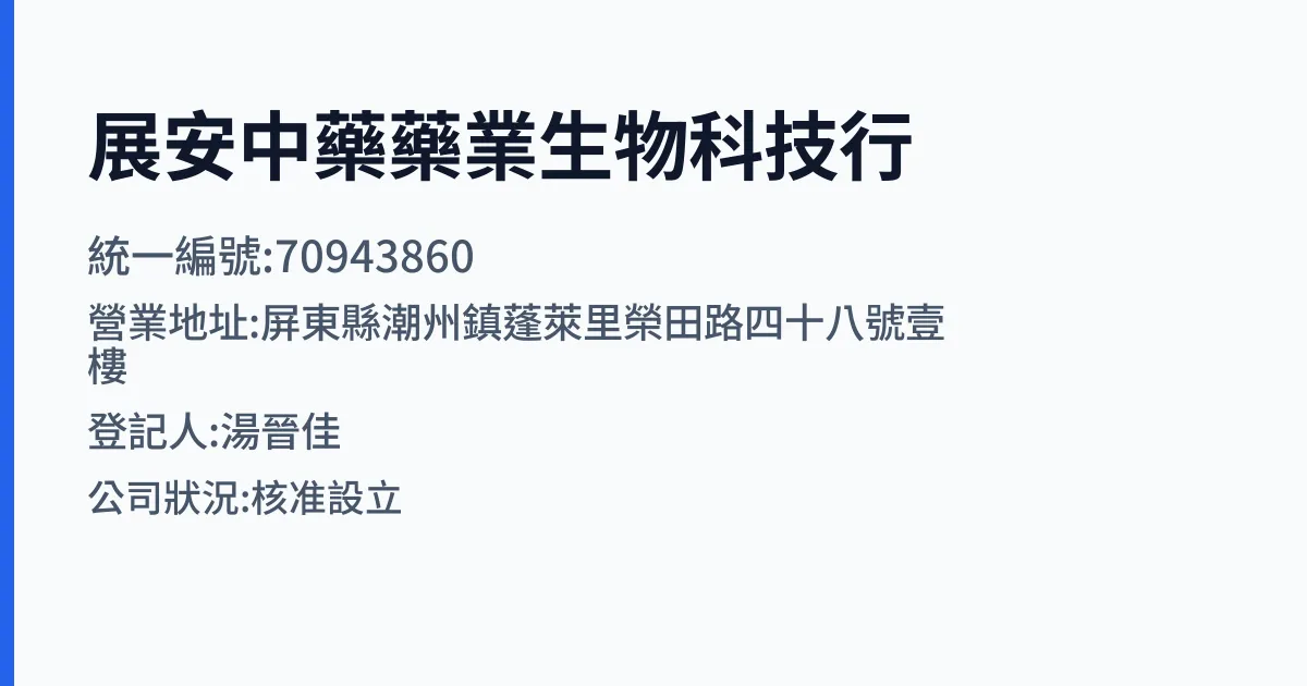 展安中藥藥業生物科技行 - 統編 70943860(屏東縣) 公司登記資料與營業項目詳細圖表