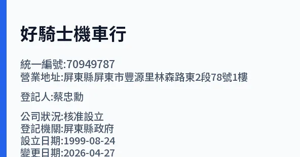 好騎士機車行的照片-統編 70949787(屏東縣) 公司登記資料與營業項目詳細圖表