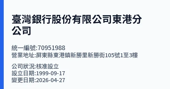 臺灣銀行股份有限公司東港分公司的照片-統編 70951988(屏東縣) 公司登記資料與營業項目詳細圖表
