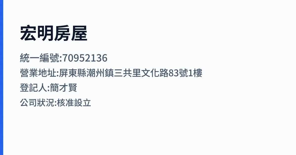 宏明房屋 - 統編 70952136(屏東縣) 公司登記資料與營業項目詳細圖表