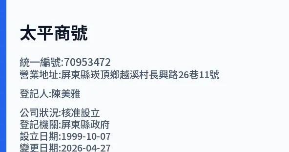 太平商號的照片-統編 70953472(屏東縣) 公司登記資料與營業項目詳細圖表