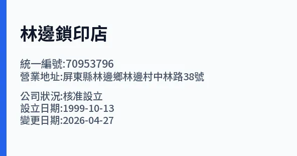 林邊鎖印店的照片-統編 70953796(屏東縣) 公司登記資料與營業項目詳細圖表