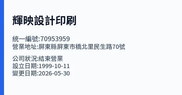 輝映設計印刷的照片-統編 70953959(屏東縣) 公司登記資料與營業項目詳細圖表