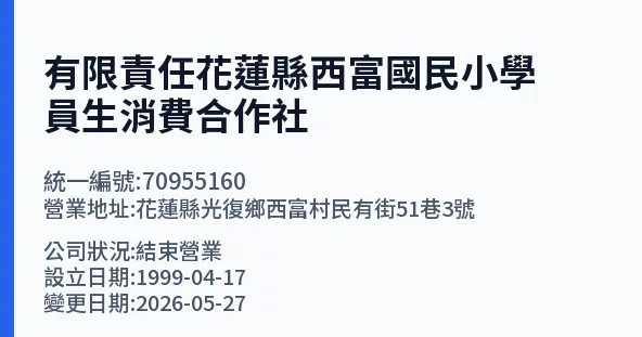 有限責任花蓮縣西富國民小學員生消費合作社的照片-統編 70955160(花蓮縣) 公司登記資料與營業項目詳細圖表