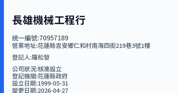 長雄機械工程行的照片-統編 70957189(花蓮縣) 公司登記資料與營業項目詳細圖表