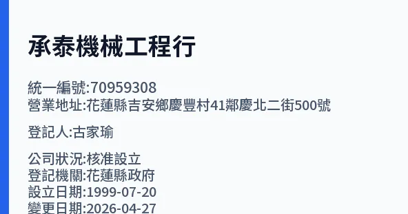 承泰機械工程行的照片-統編 70959308(花蓮縣) 公司登記資料與營業項目詳細圖表