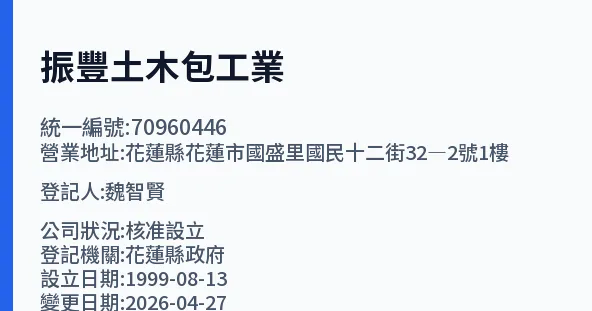 振豐土木包工業的照片-統編 70960446(花蓮縣) 公司登記資料與營業項目詳細圖表