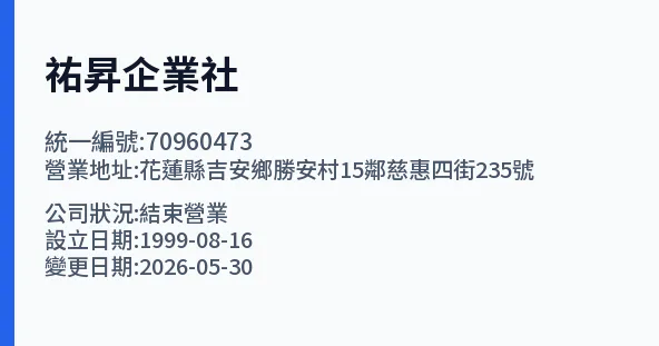 祐昇企業社的照片-統編 70960473(花蓮縣) 公司登記資料與營業項目詳細圖表