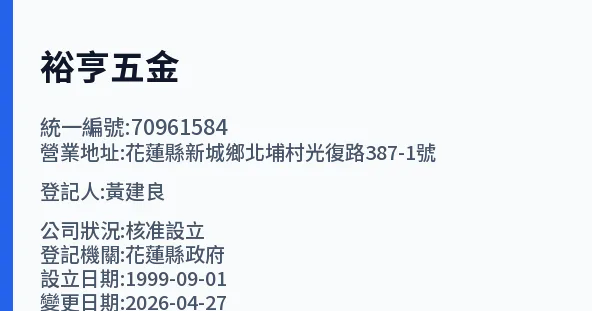 裕亨五金的照片-統編 70961584(花蓮縣) 公司登記資料與營業項目詳細圖表