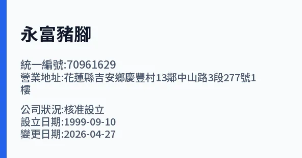 永富豬腳的照片-統編 70961629(花蓮縣) 公司登記資料與營業項目詳細圖表