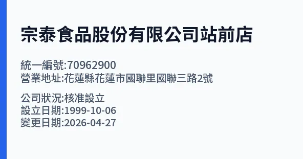 宗泰食品股份有限公司站前店的照片-統編 70962900(花蓮縣) 公司登記資料與營業項目詳細圖表