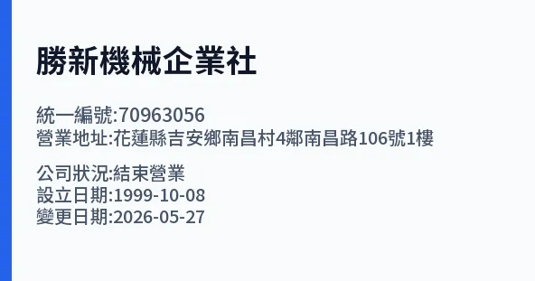 勝新機械企業社的照片-統編 70963056(花蓮縣) 公司登記資料與營業項目詳細圖表