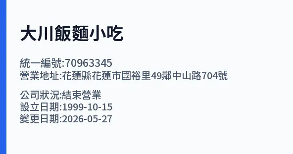 大川飯麵小吃的照片-統編 70963345(花蓮縣) 公司登記資料與營業項目詳細圖表