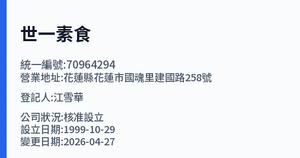 世一素食的照片-統編 70964294(花蓮縣) 公司登記資料與營業項目詳細圖表