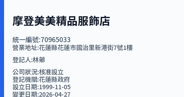 摩登美美精品服飾店的照片-統編 70965033(花蓮縣) 公司登記資料與營業項目詳細圖表