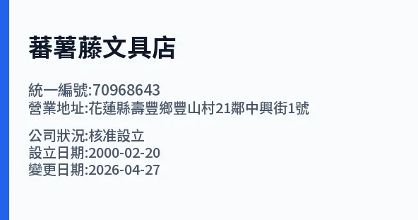 蕃薯藤文具店的照片-統編 70968643(花蓮縣) 公司登記資料與營業項目詳細圖表