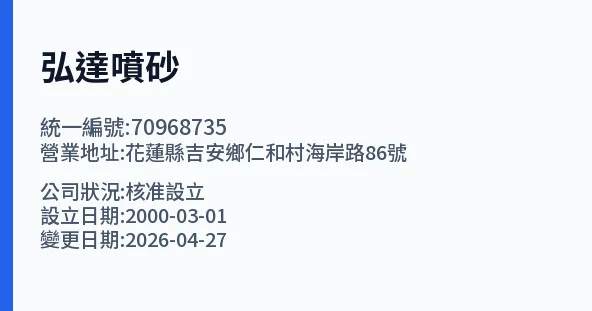 弘達噴砂的照片-統編 70968735(花蓮縣) 公司登記資料與營業項目詳細圖表