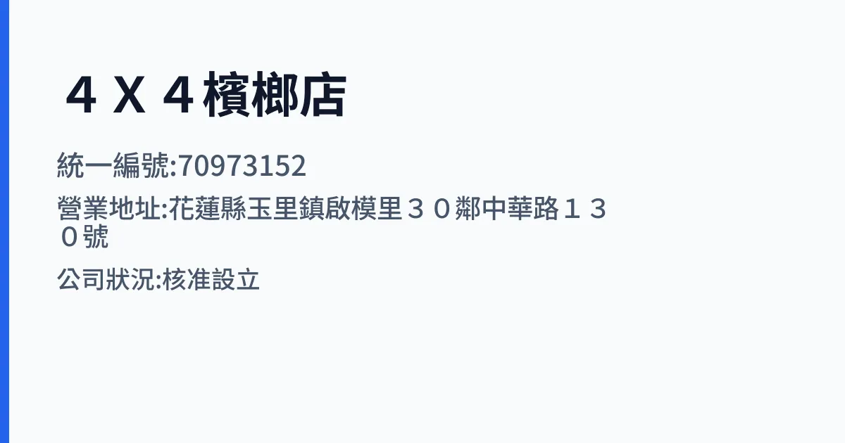 ４Ｘ４檳榔店 - 統編 70973152(花蓮縣) 公司登記資料與營業項目詳細圖表