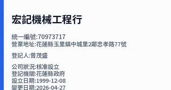 宏記機械工程行的照片-統編 70973717(花蓮縣) 公司登記資料與營業項目詳細圖表