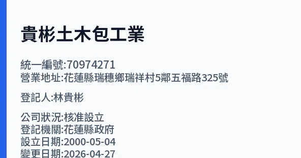 貴彬土木包工業的照片-統編 70974271(花蓮縣) 公司登記資料與營業項目詳細圖表