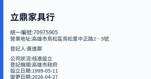 立鼎家具行的照片-統編 70975905(高雄市) 公司登記資料與營業項目詳細圖表