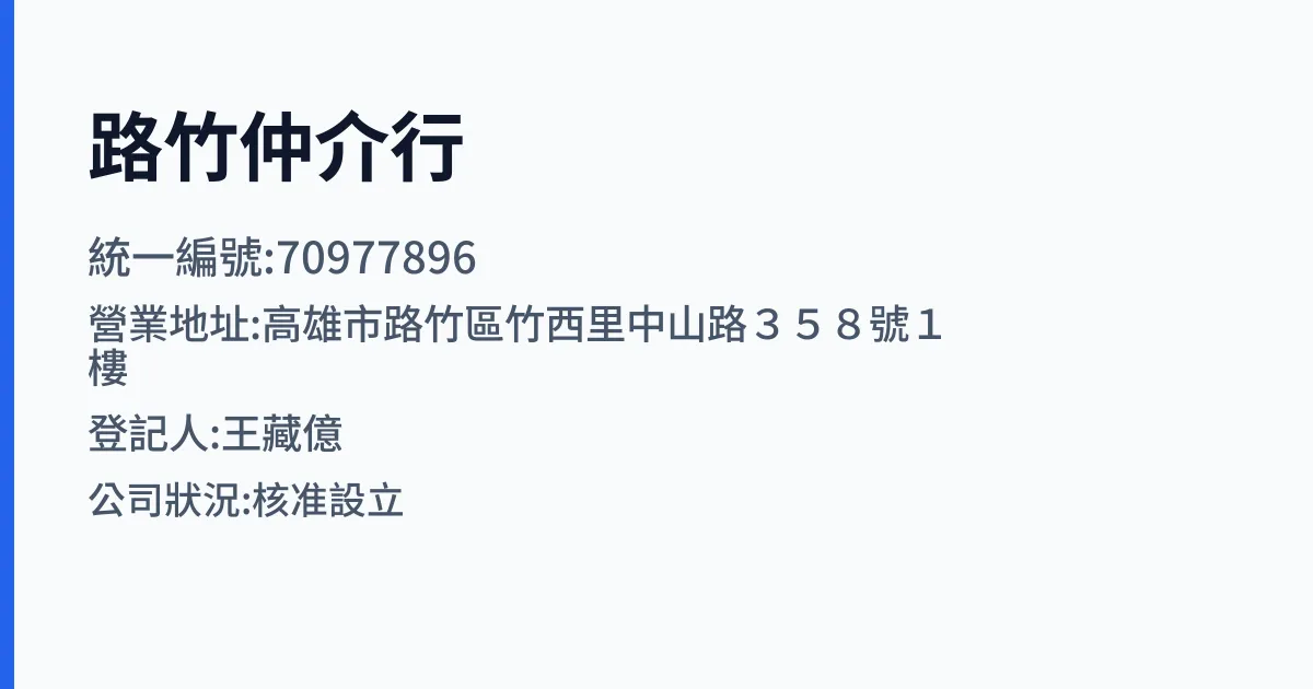 路竹仲介行 - 統編 70977896(高雄市) 公司登記資料與營業項目詳細圖表