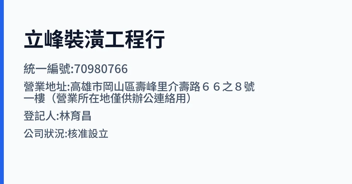 立峰裝潢工程行 - 統編 70980766（高雄市） 公司登記資料與營業項目詳細圖表