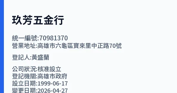 玖芳五金行的照片-統編 70981370(高雄市) 公司登記資料與營業項目詳細圖表