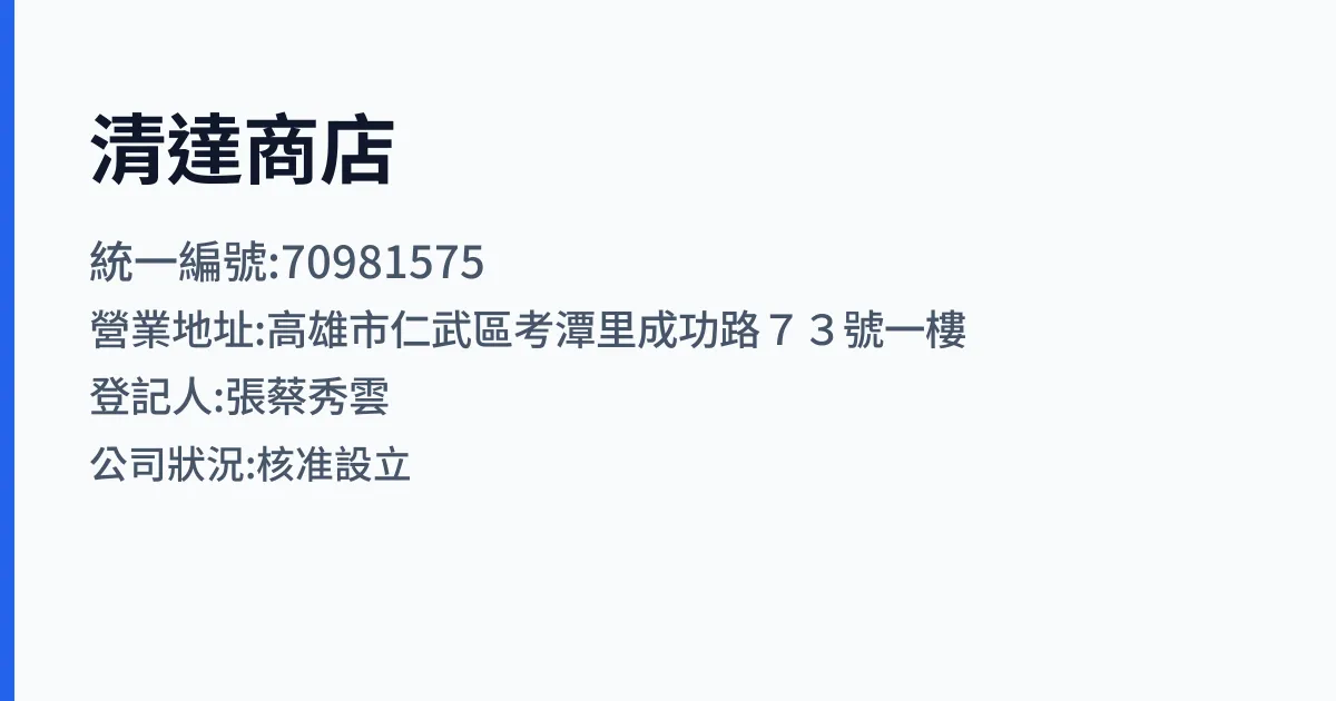 清達商店 - 統編 70981575(高雄市) 公司登記資料與營業項目詳細圖表