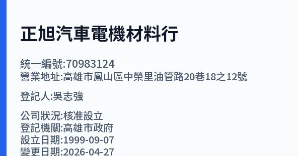 正旭汽車電機材料行的照片-統編 70983124(高雄市) 公司登記資料與營業項目詳細圖表