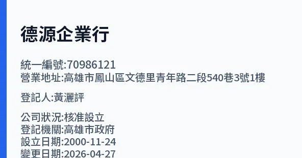 德源企業行的照片-統編 70986121(高雄市) 公司登記資料與營業項目詳細圖表