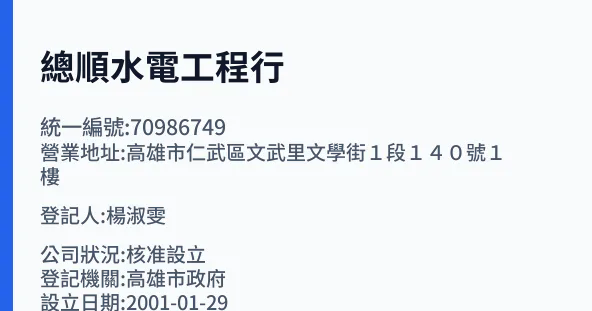 總順水電工程行的照片-統編 70986749(高雄市) 公司登記資料與營業項目詳細圖表